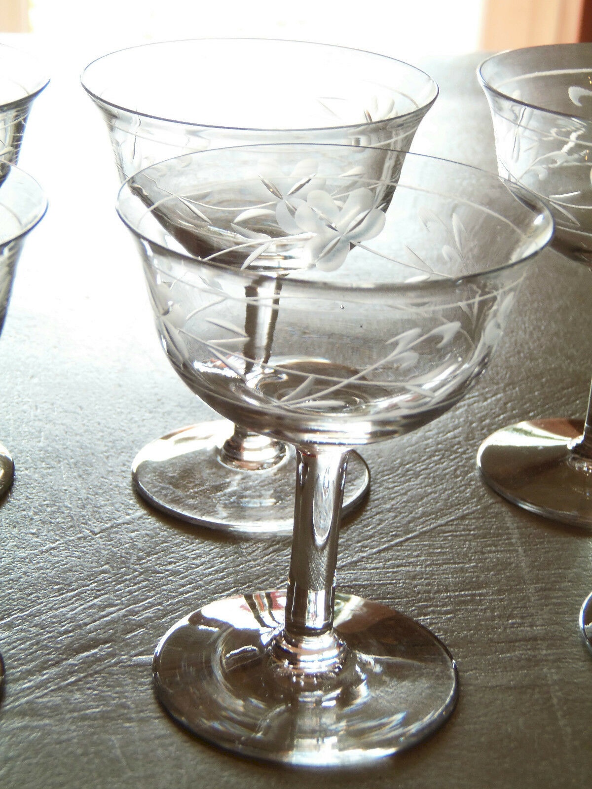 6 COUPES à CHAMPAGNE CRISTAL Soufflé Gravés Main 1940 BEL ART DECO ...