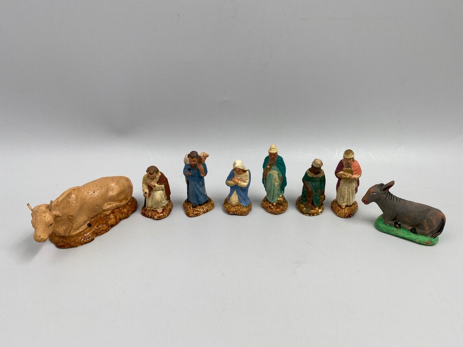 8 SANTONS ANCIEN CRECHE EN PLATRE PEINT A LA MAIN JOSEPH MARIE ROIS ...