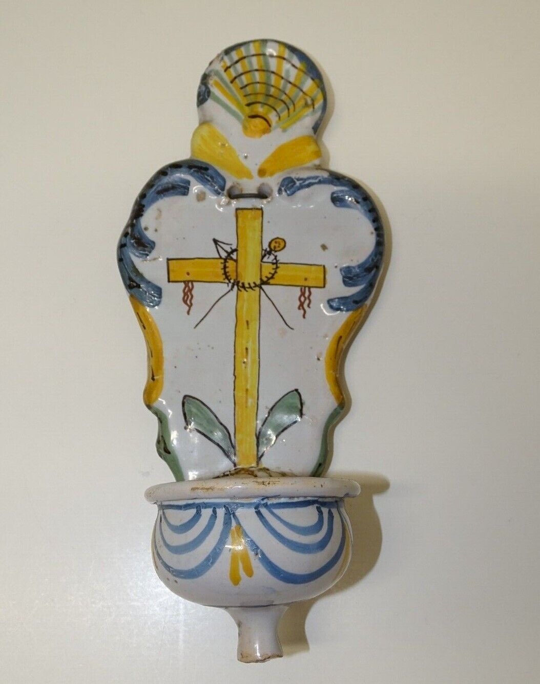 *ANCIEN BENITIER MURAL XVIIIe TERRE CUITE EMAILLEE COLLECTION JESUS ...