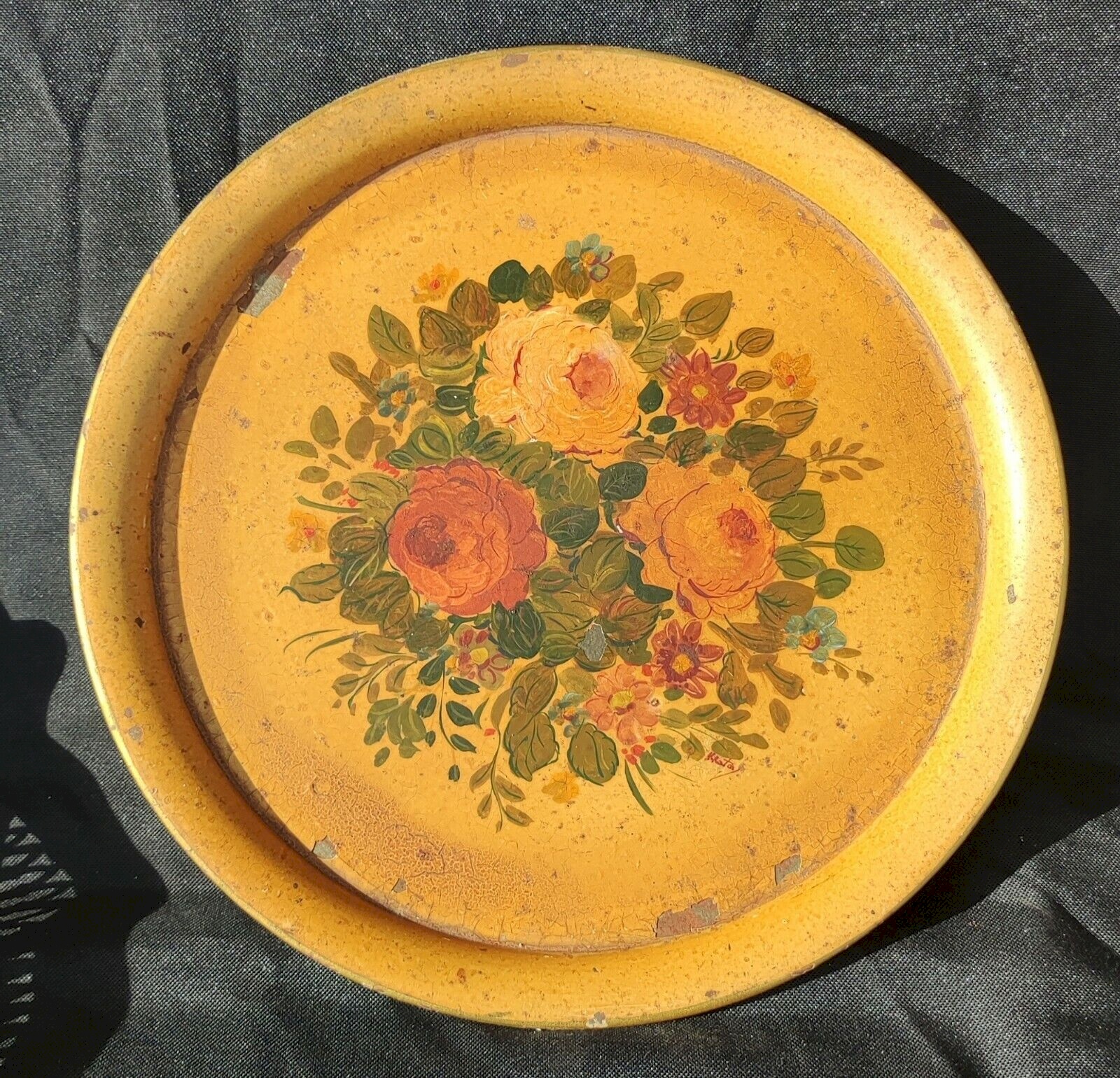 Ancien Plateau Métal Peint à la main/signé/décor floral/old painted ...