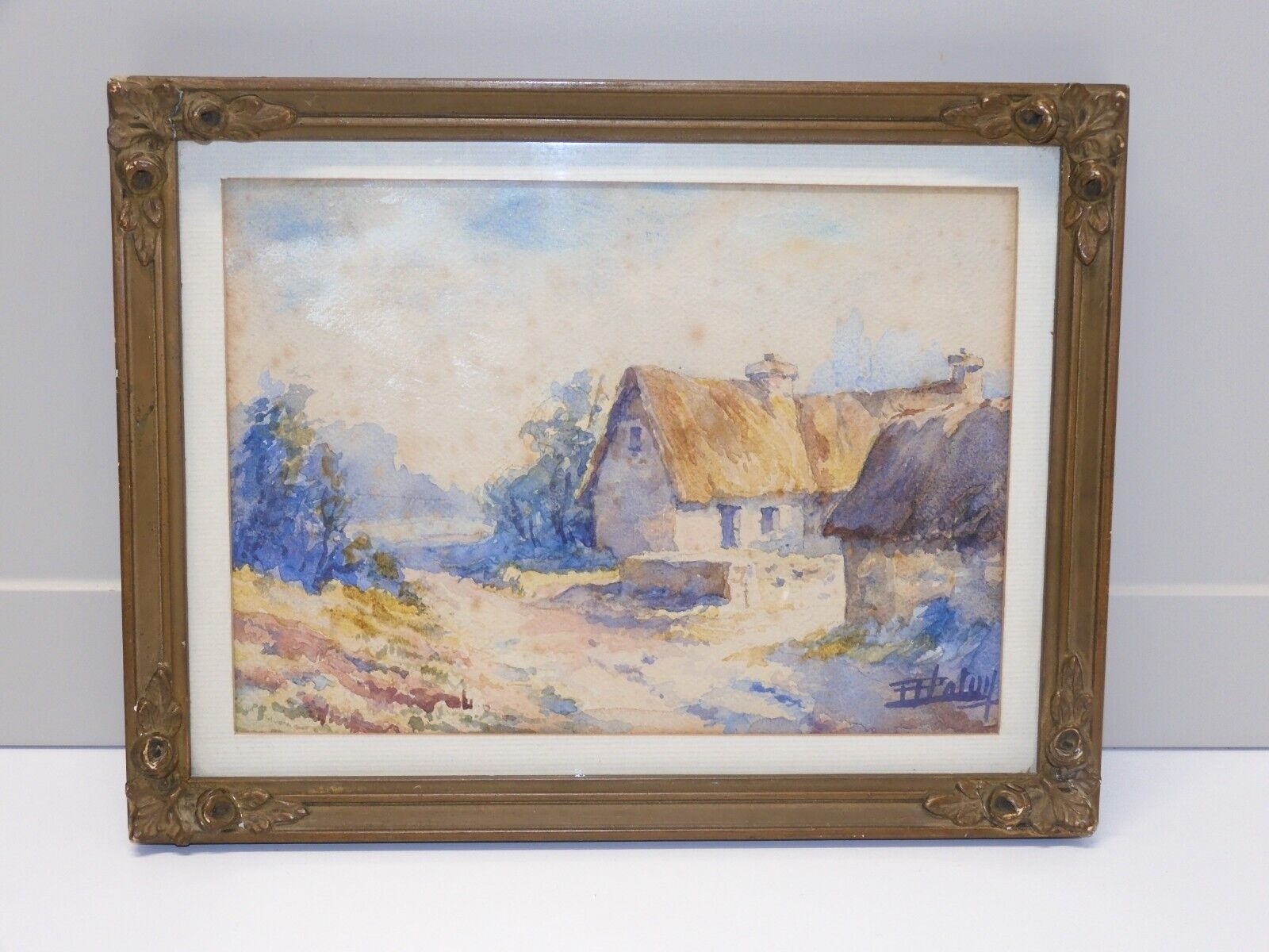 *ANCIENNE AQUARELLE SOUS VERRE Signée CADRE Doré ART Déco COLLECTION D