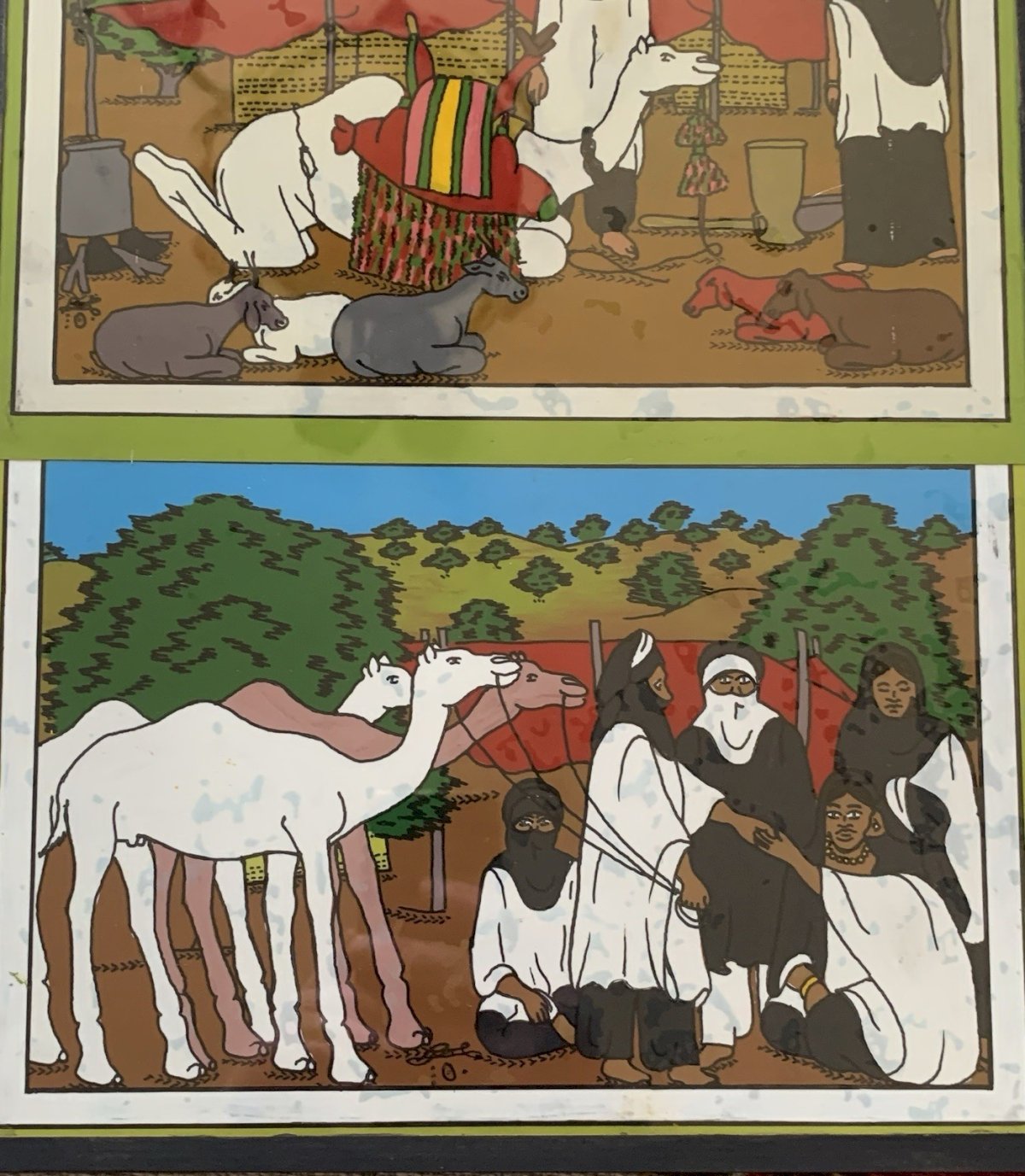art africain tableau peinture fixé sous verre souwèr Senégal scène nomade