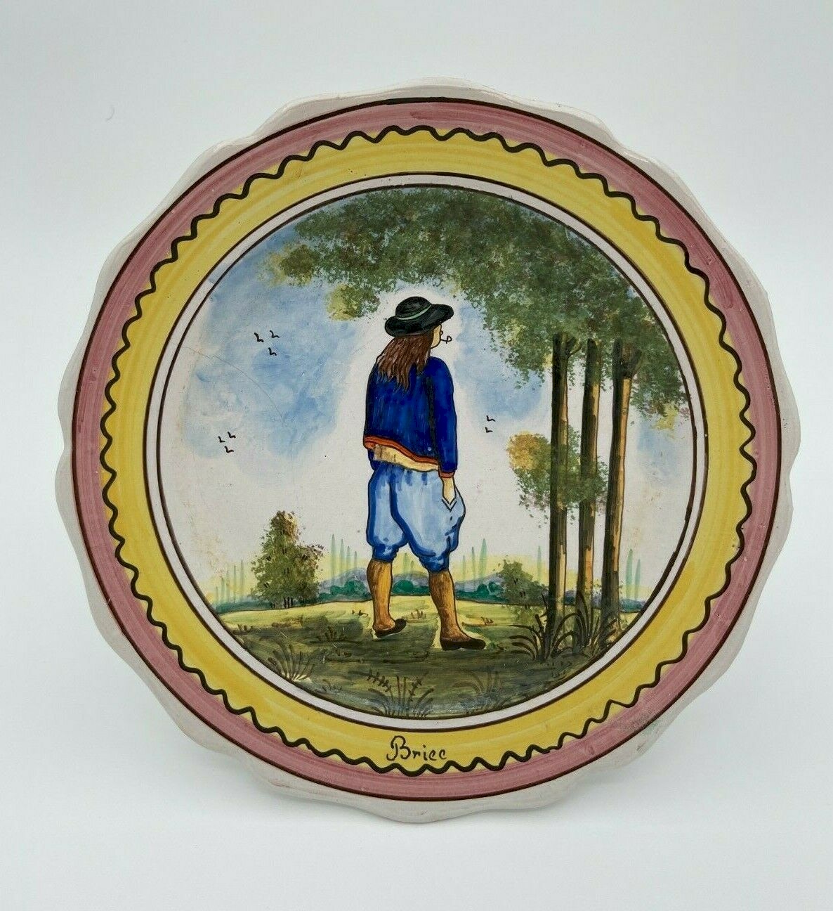 ASSIETTE EN FAIENCE HB QUIMPER BRIEC MARLI ROSE BRETON TOURNE A LA PIPE ...