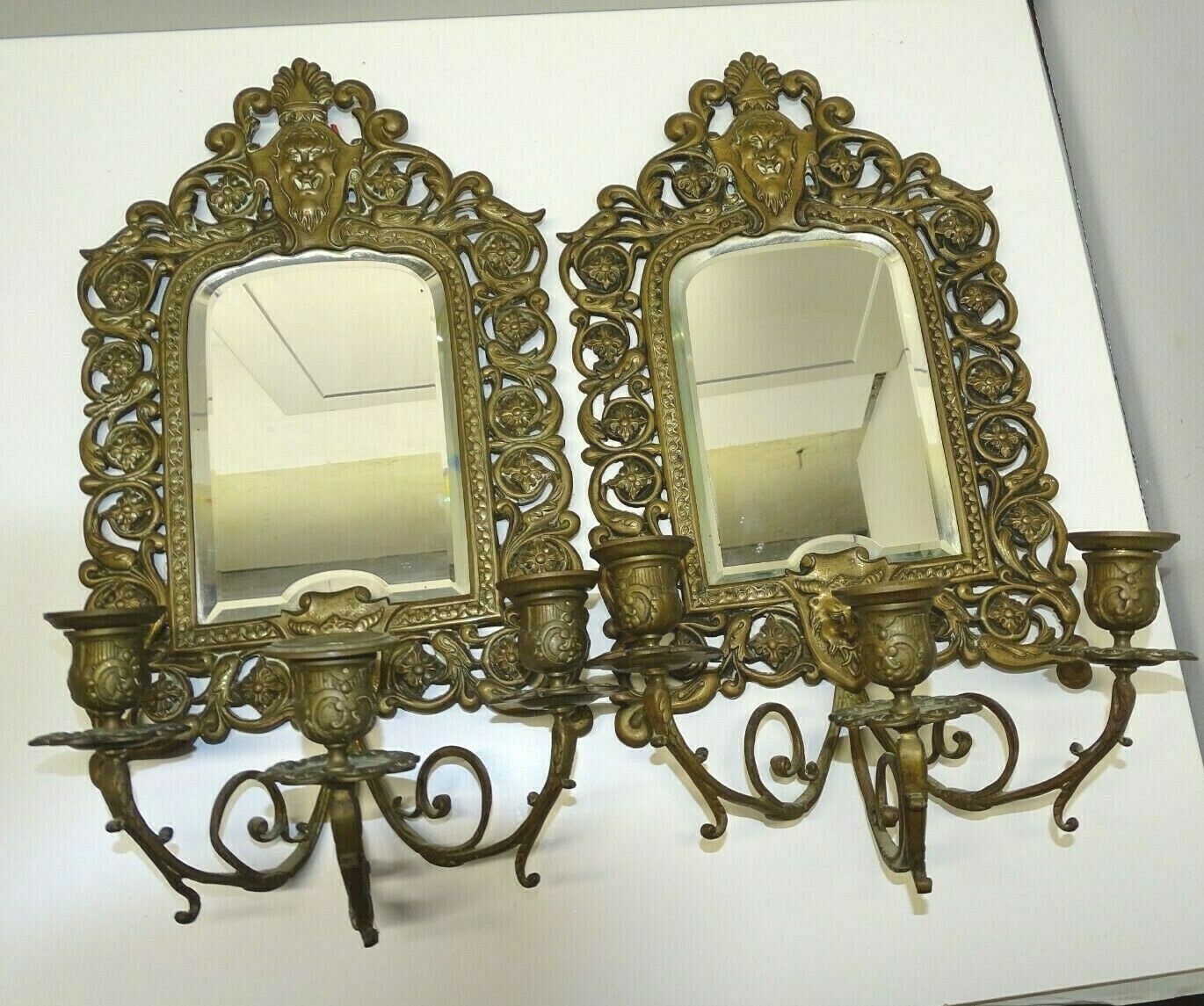 *BELLE PAIRE DAPPLIQUES BRONZE XIXe 3 feux & têtes de SATYRES MIROIR ...