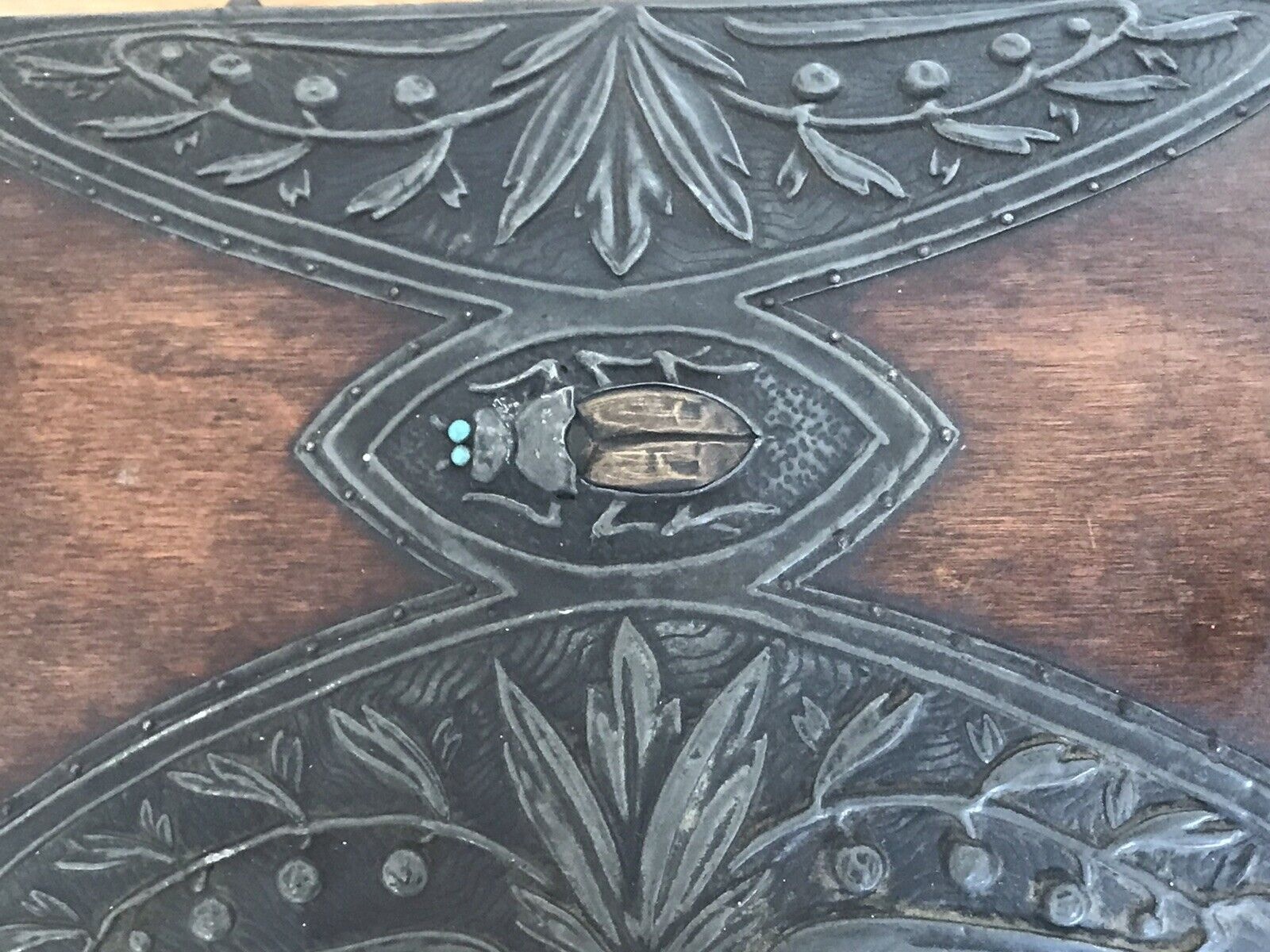 Boite Art Nouveau Ancien Antique Bois Étain Repoussé Collection Insecte ...