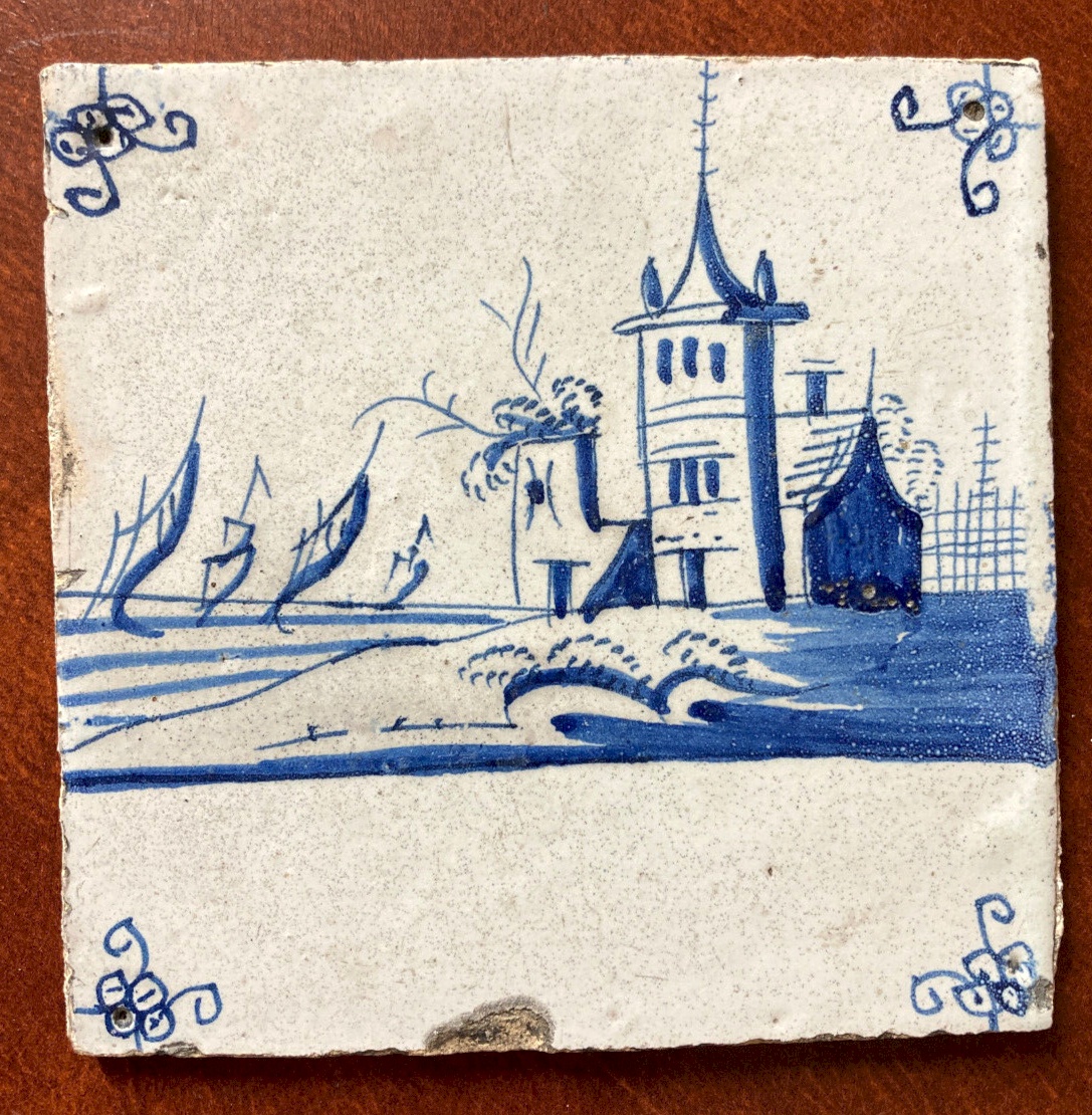 Carreau faience de Delft à décor de chateau - XIXe (?) Blanc Faïence ...