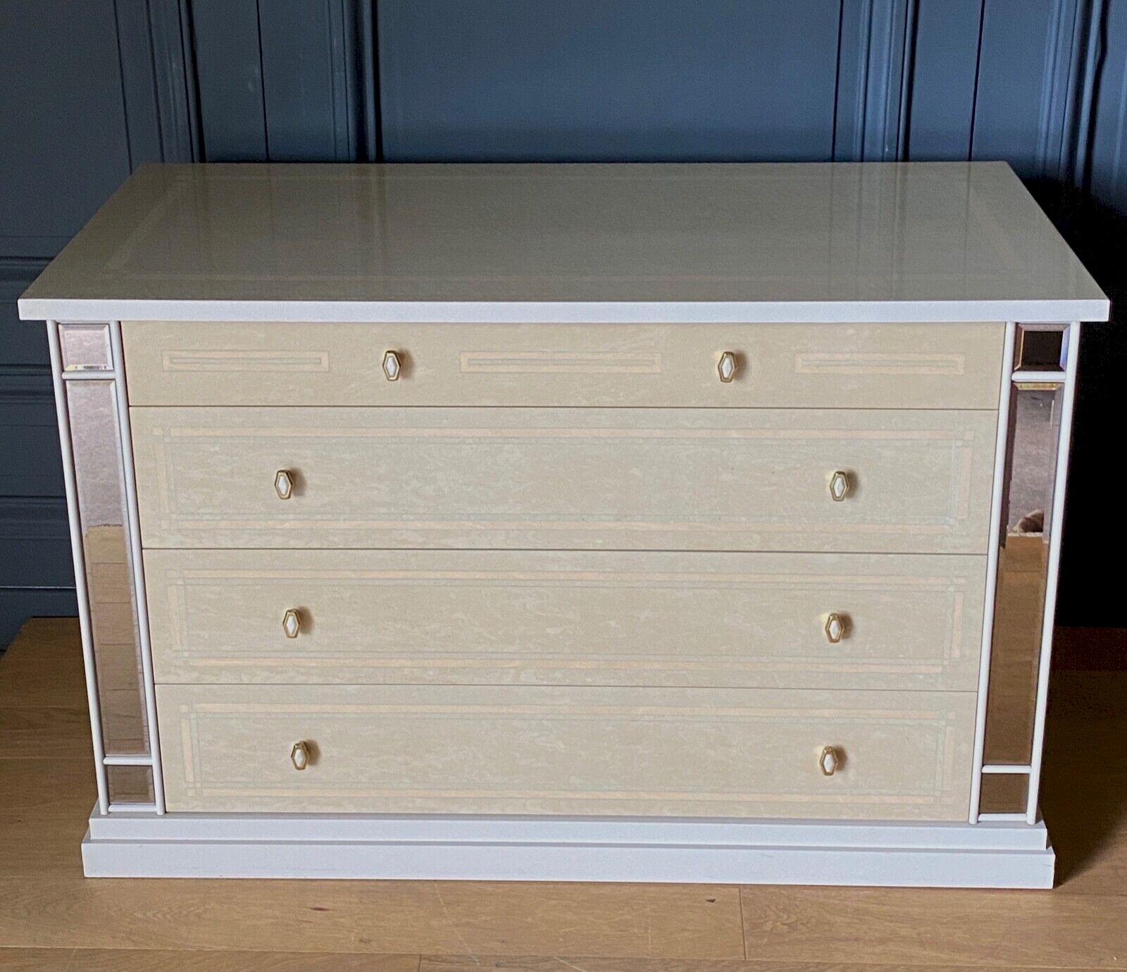 COMMODE EN LAQUE 1980 AVEC MIROIRS 5 TIROIRS L2016 Vintage Blanc/Gris Bois