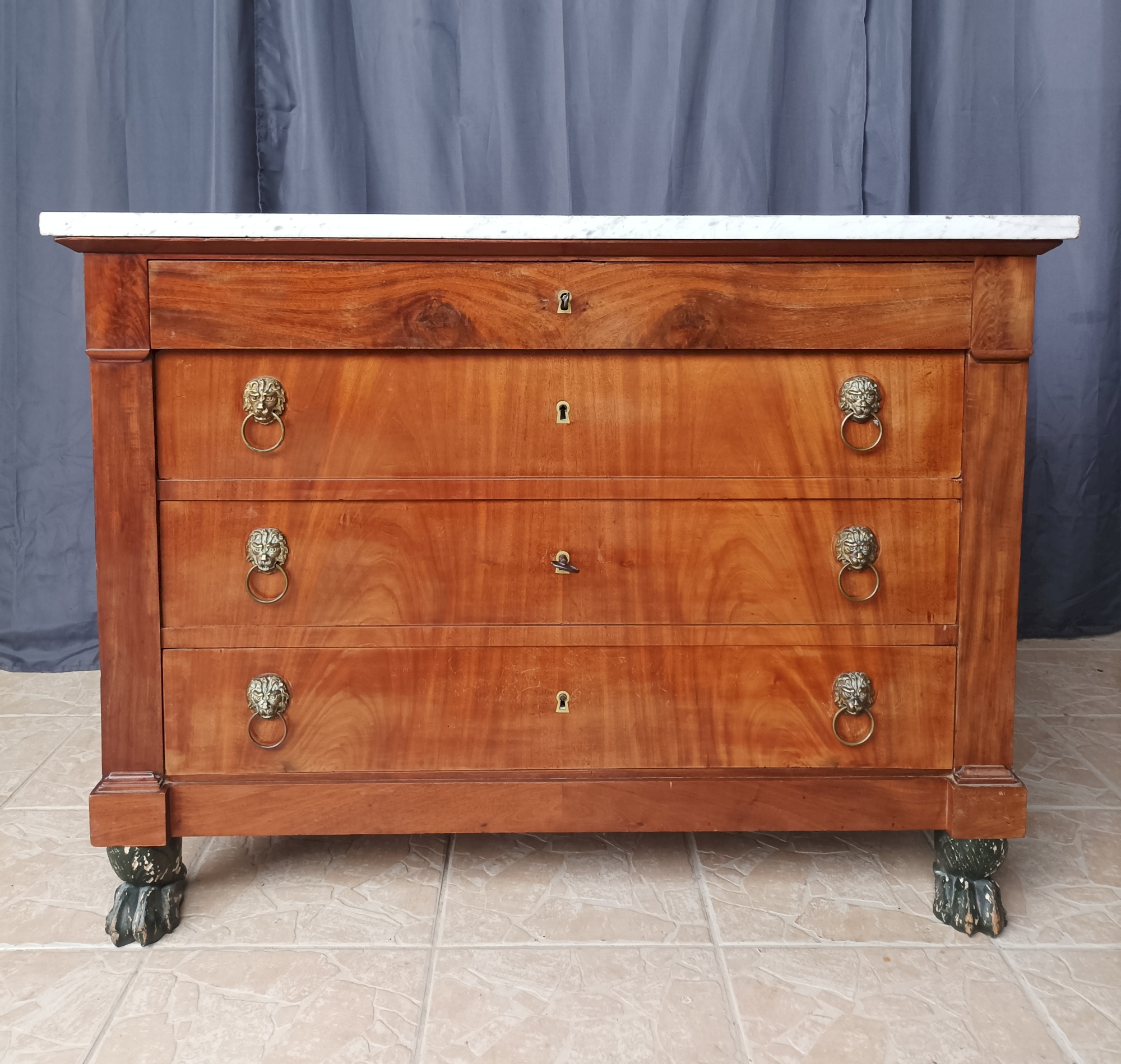 Commode Retour dEgypte en acajou XIXe Classique Blanc/Naturel Bois/Marbre