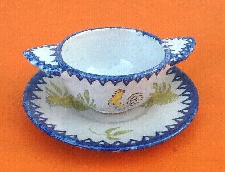 Faïence de Charolles Bol à oreilles / Soucoupe Modèle au Coq (Lot 1)