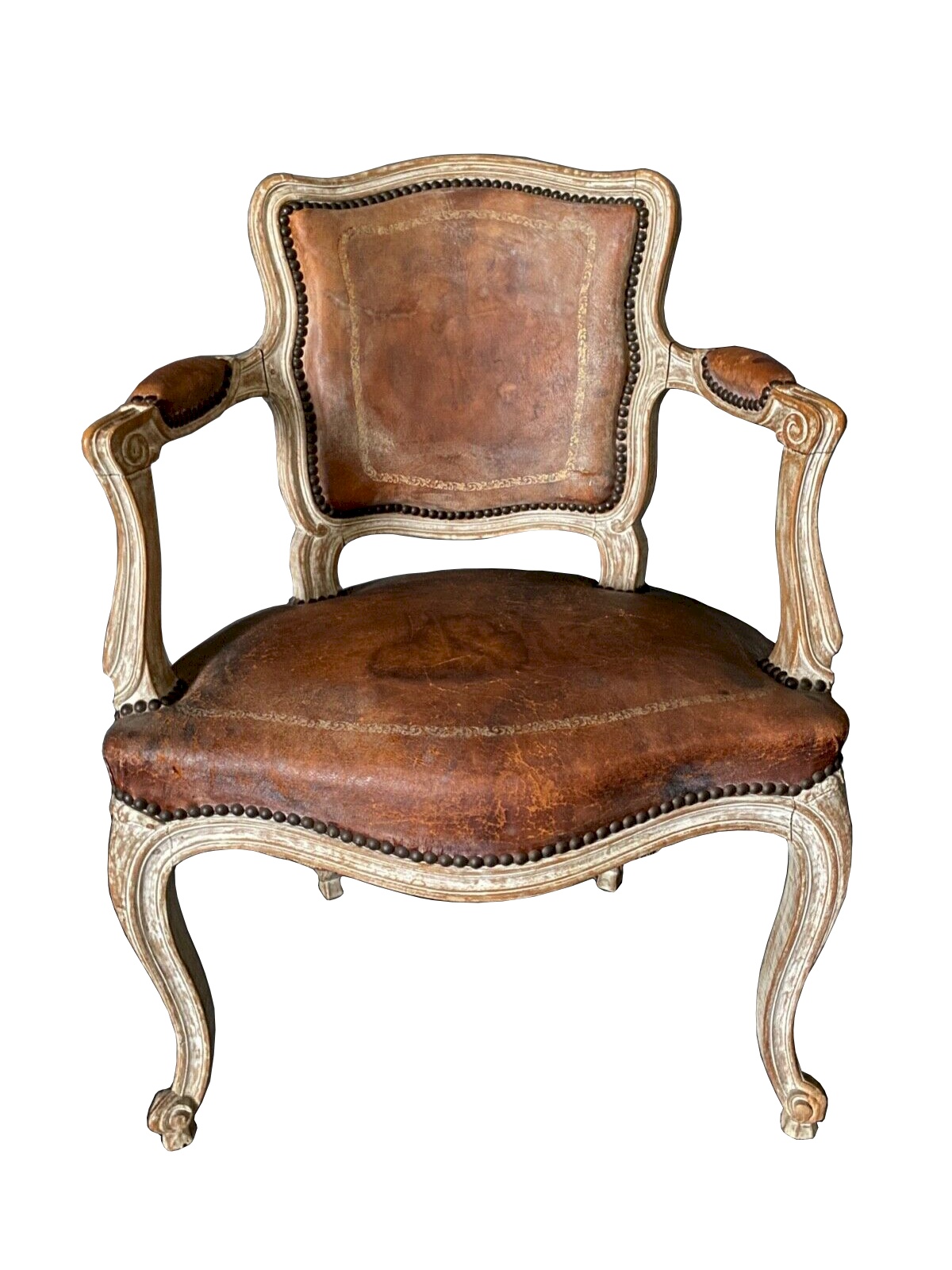 FAUTEUIL CABRIOLET STYLE LOUIS XV DEBUT XXE TAPISSE CUIR FRAPPE AU FER ...