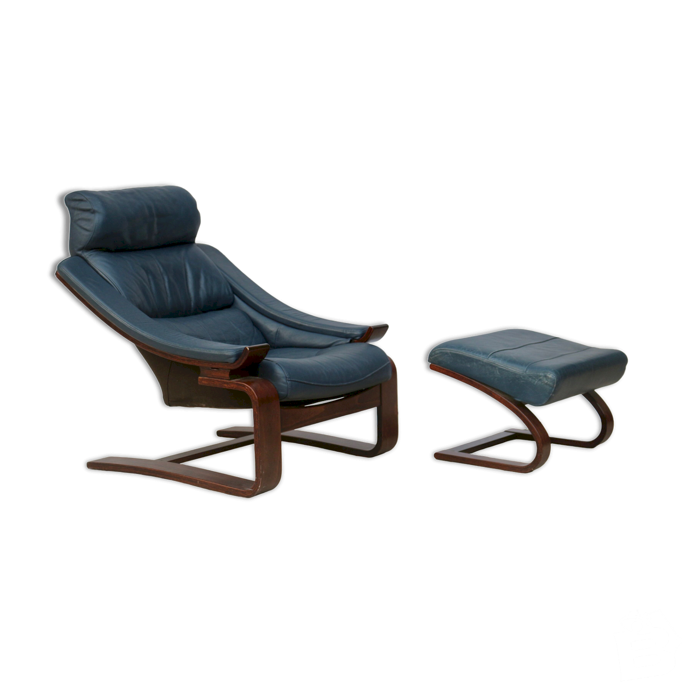 Fauteuil en cuir bleu Kroken avec repose-pieds design Ake Fribytter ...