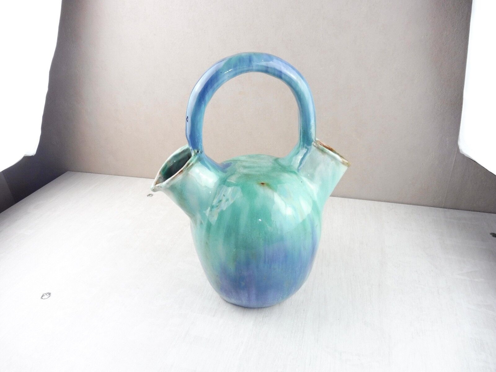 Grande cruche / chevrette à anse, Bavent France Bleu/Vert Céramique
