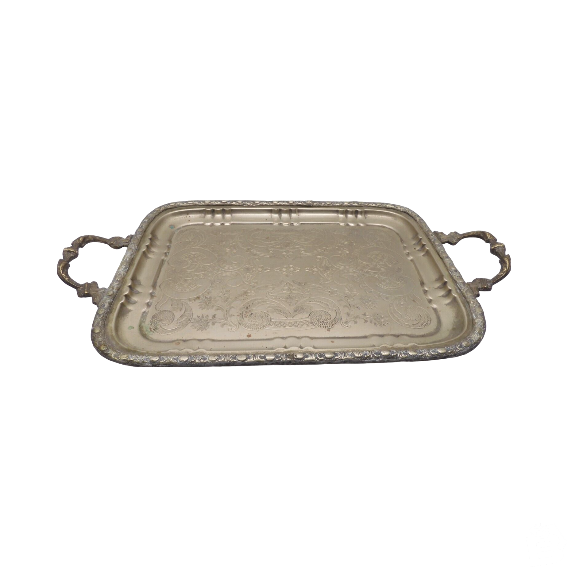 -JOLI ANCIEN PLATEAU sur Pieds LAITON Argenté Signé HAZAZ Frères Maroc ...