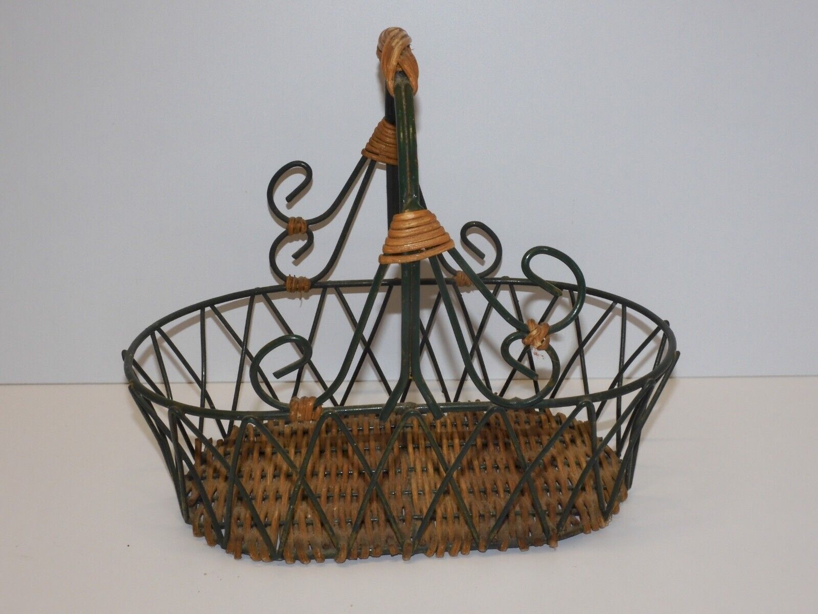 *JOLI PETIT PANIER OSIER & METAL peint VERT XXe déco cuisine Collection ...