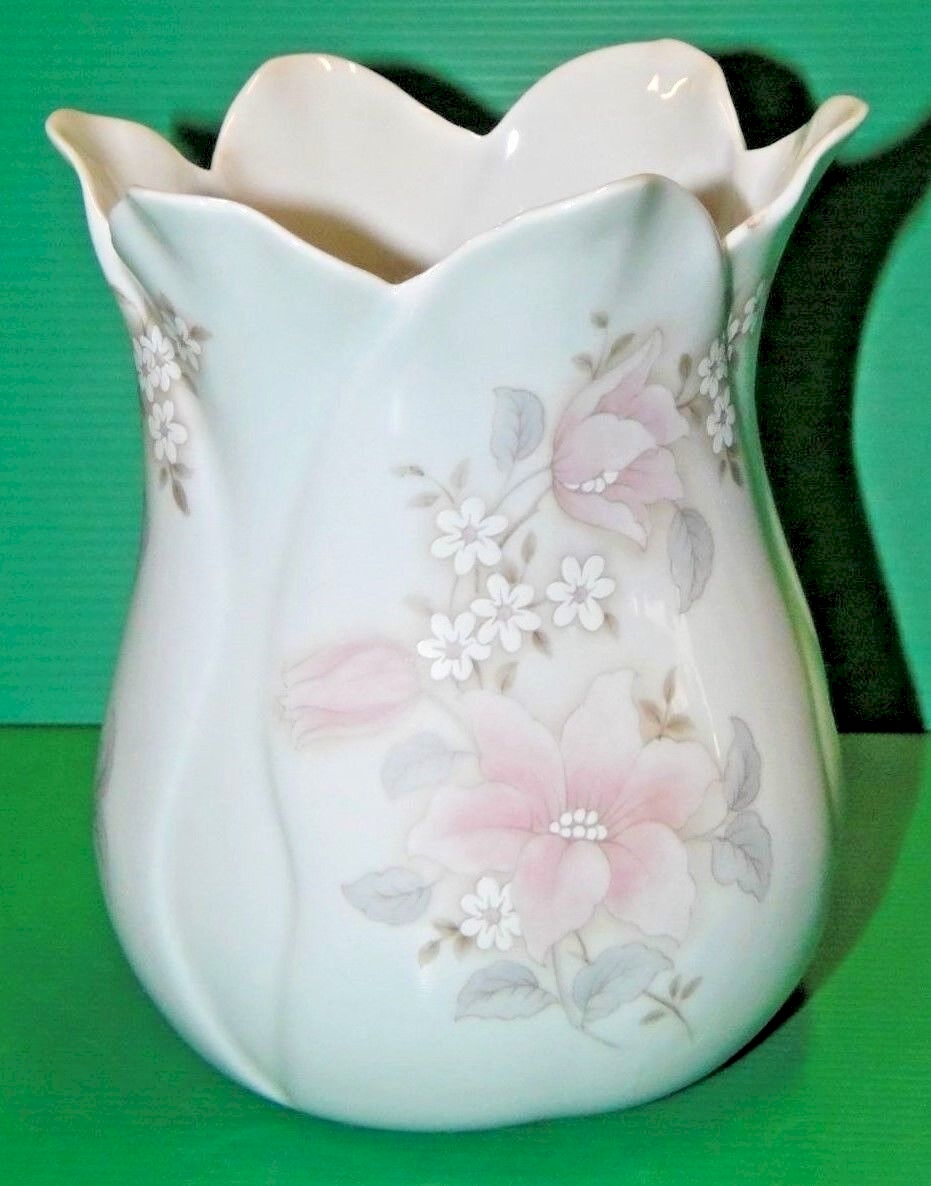 *JOLI VASE COROLLE fond Blanc Décor FLEURS ROSES et BLANCHES neuf fond ...
