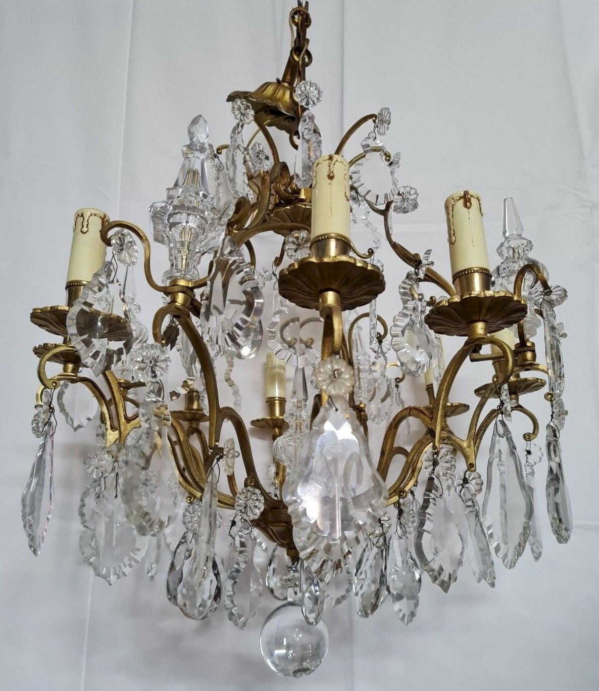 Lustre ancien à pampilles 8 feux (1) Vintage Doré/Transparent Métal/Verre