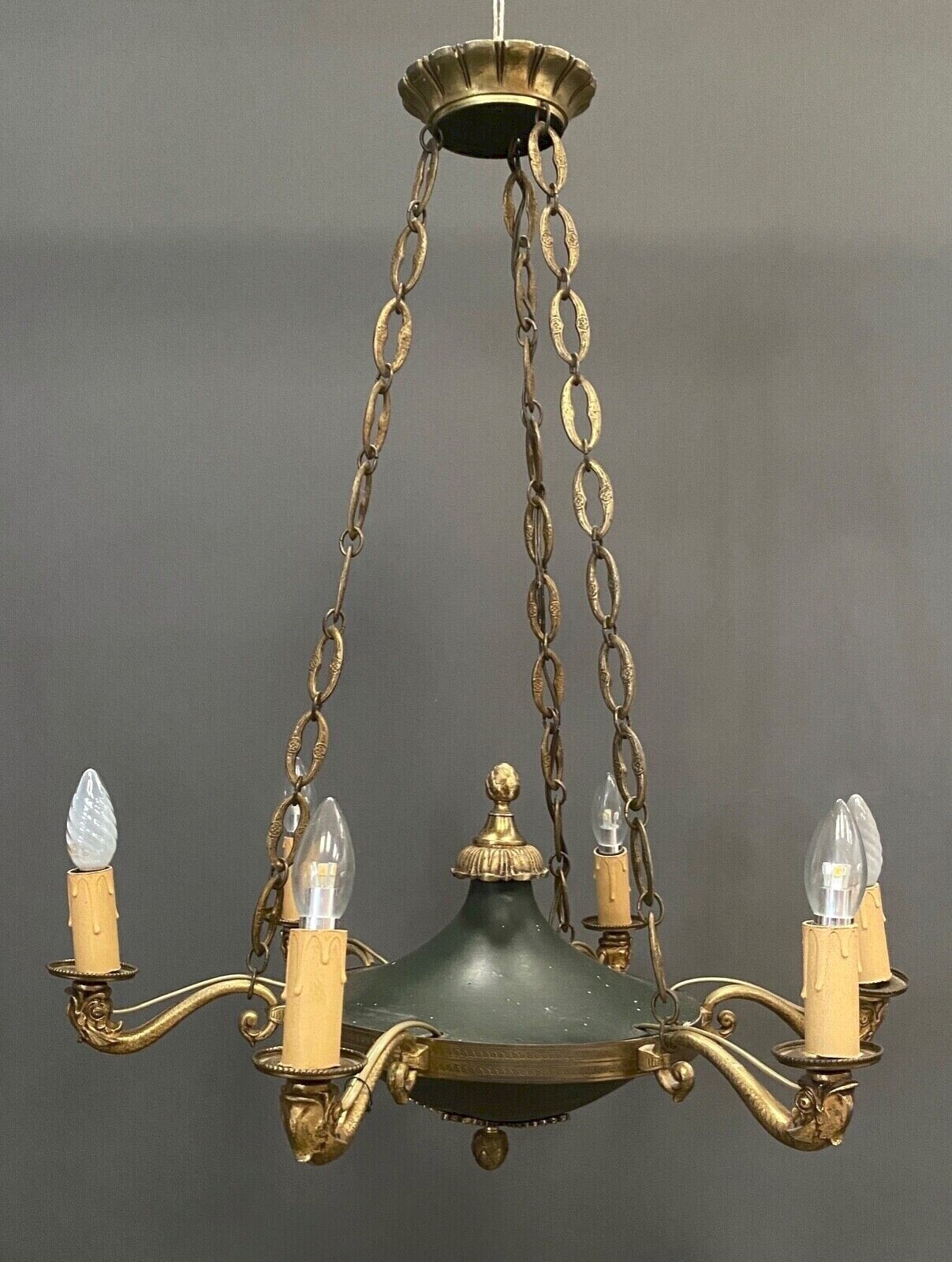 LUSTRE BRONZE DORE ET TOLE VERTE STYLE EMPIRE SIX FEUX DECOR PALMETTES ...
