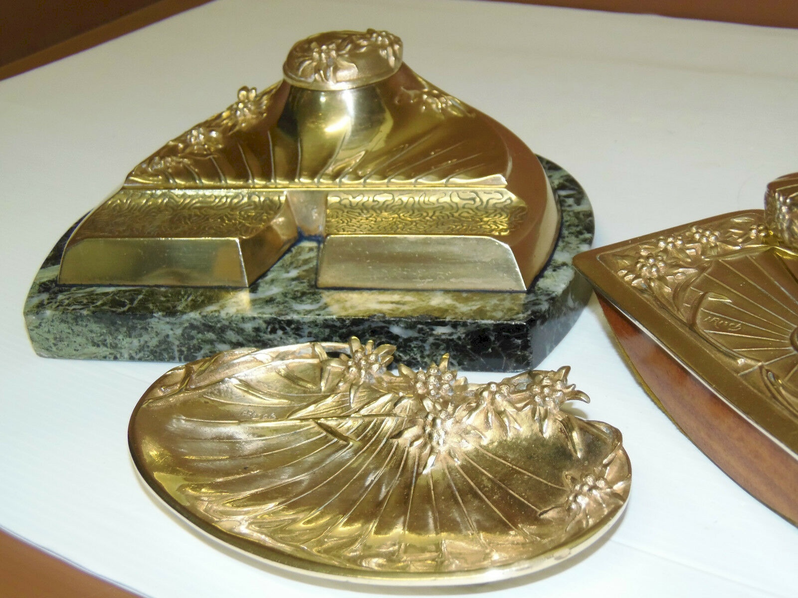 NECESSAIRE BUREAU ENCRIER TAMPON VIDE POCHE signé H.RISCH BRONZE ART ...