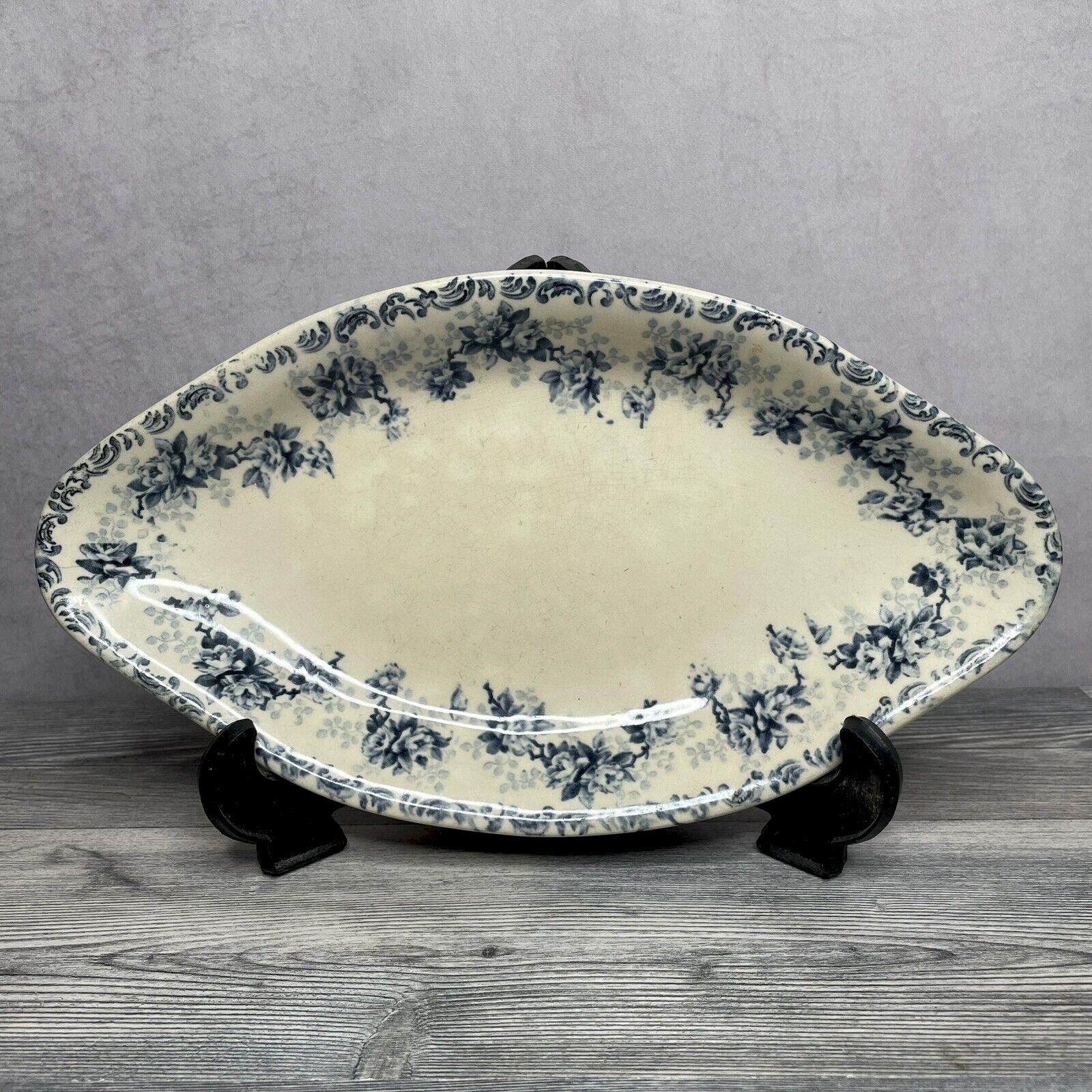 Ravier ancien faïence grand dépôt Emile Bourgeois décor floral bleu ...