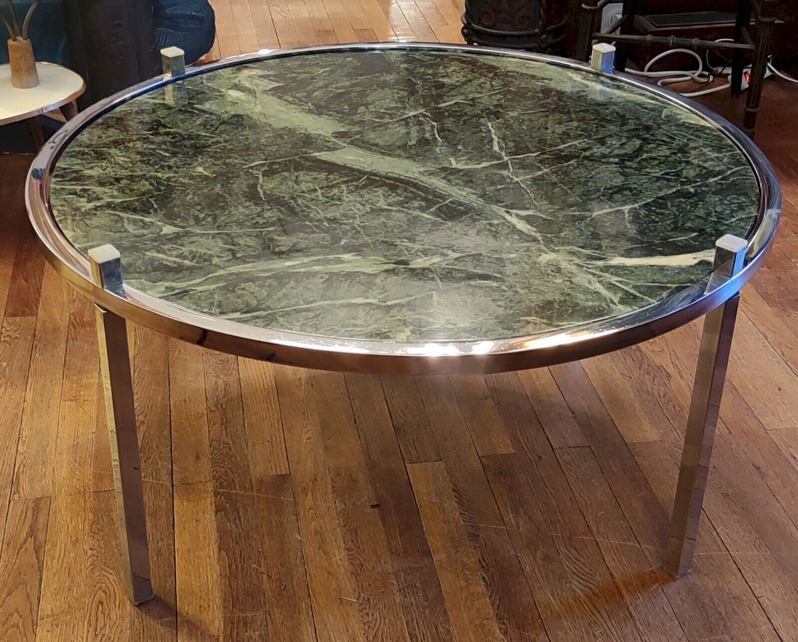 Table Basse ronde Design marbre vert et chrome/mobilier design/années ...